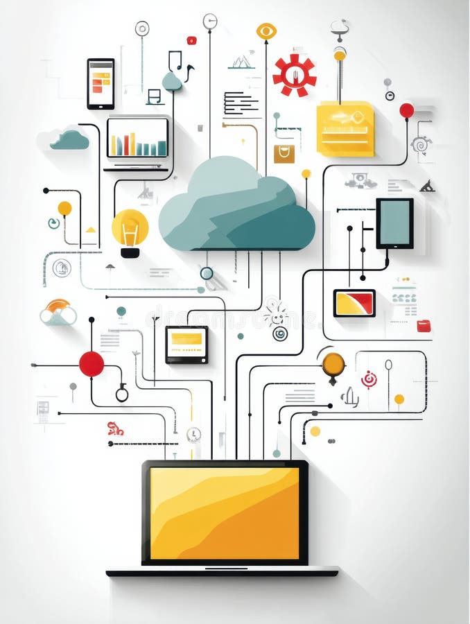Stylized Laptop Layout with Digital Cloud and Colorful Icons ...