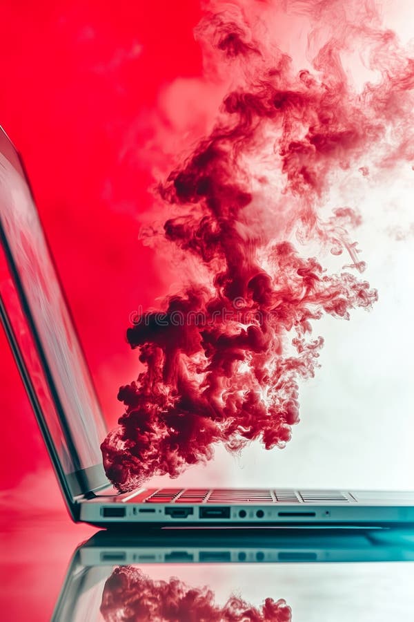 A Laptop with Vibrant Red Smoke Emerging, Showcasing a Dramatic Visual Effect. Stock Photo ...