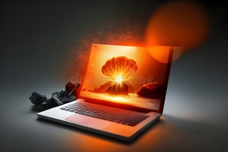 Laptop with Volcano Explosion on the Screen. 3D Rendering Stock ...