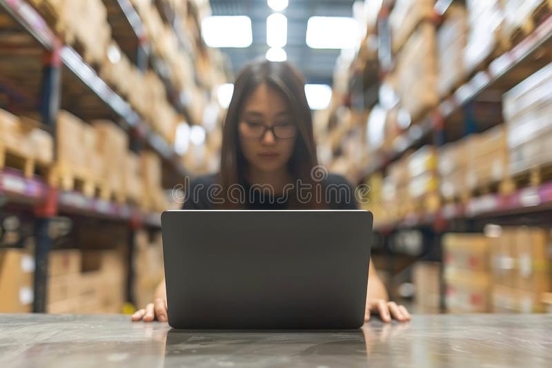 Laptop in Warehouse and Blurred Warehouse and Warehouse Worker in ...