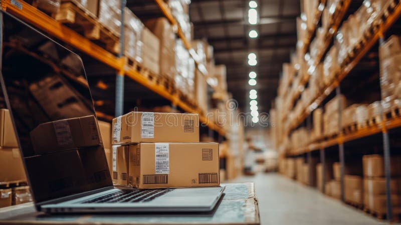 Laptop in a Warehouse with Cardboard Boxes for Logistics and Inventory ...