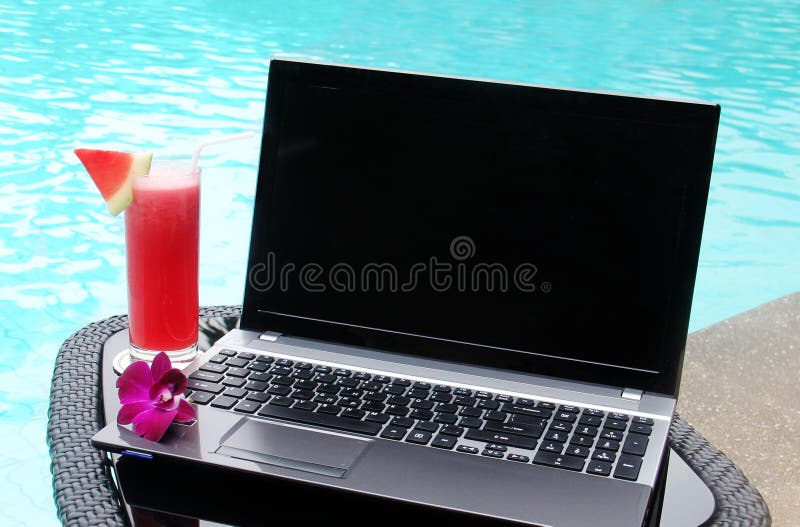 Laptop and Watermelon Juice Poolside Stock Photo - Image of holiday ...