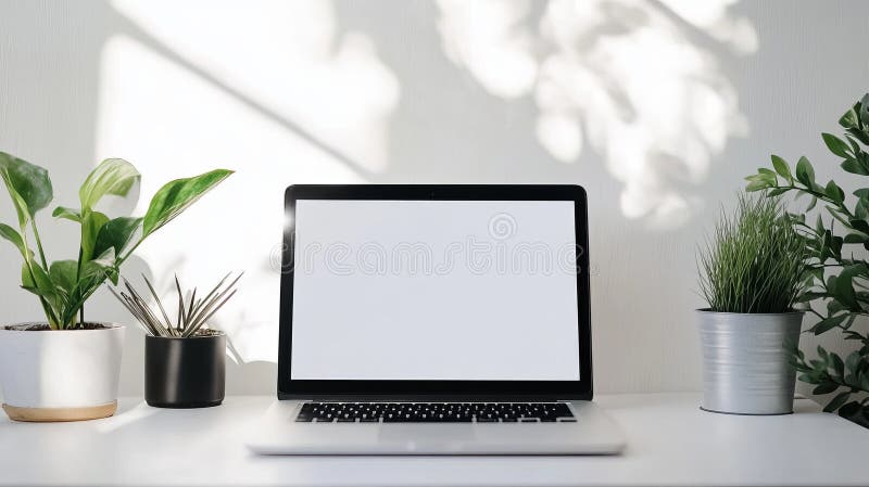 Laptop with White Blank Screen Putting on Modern White Ceramic Tile ...