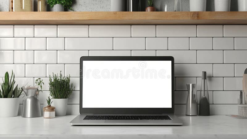 Laptop with White Blank Screen Putting on Modern White Ceramic Tile ...