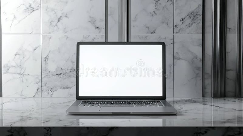 Laptop with White Blank Screen Putting on Modern White Ceramic Tile ...