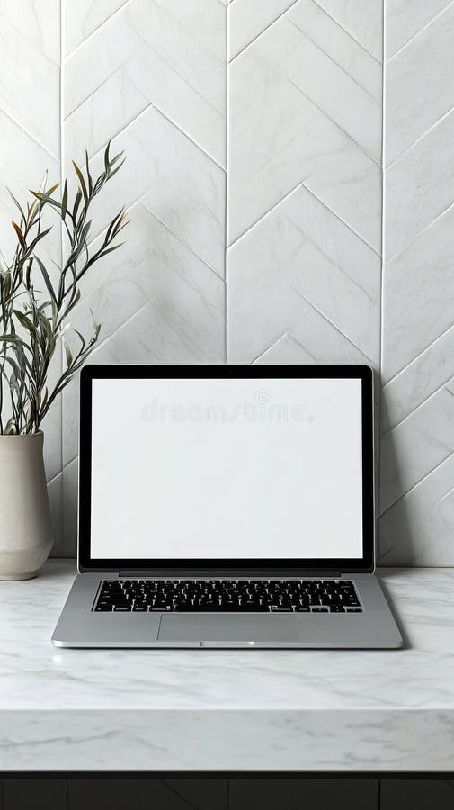 Laptop with White Blank Screen Putting on Modern White Ceramic Tile ...