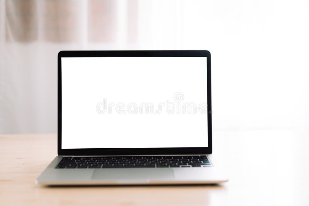 Laptop with White Blank Screen on Wooden Table Stock Image - Image of ...