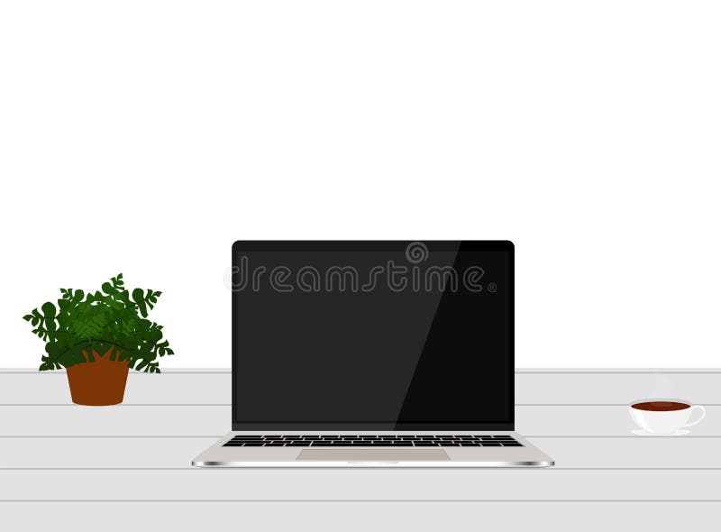 Laptop White Blank Screen on Work Table Front View Stock Vector ...