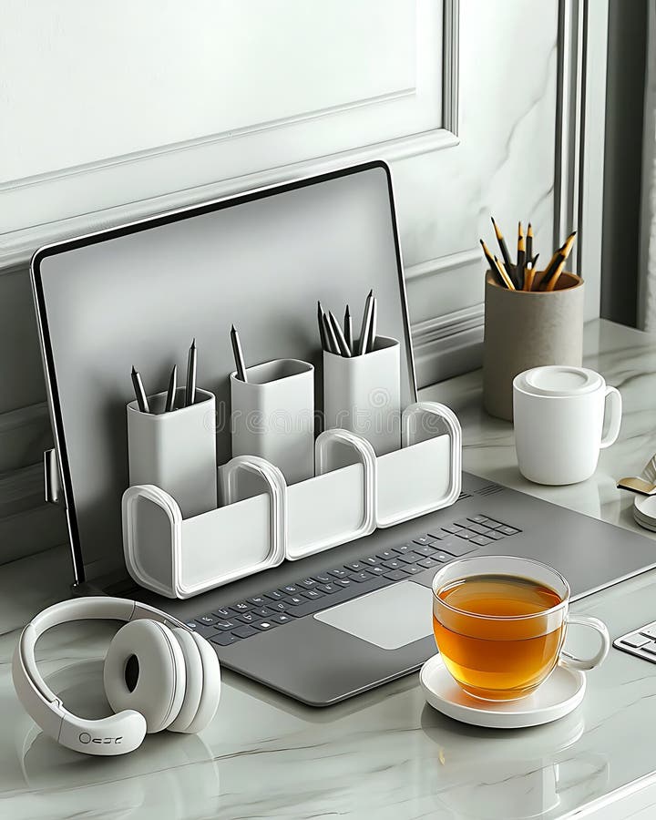 A Laptop with a White Desk and a Cup of Tea on it Stock Image - Image ...