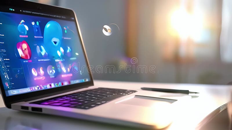 Laptop on White Desk Displaying User Interface in Bright Sunlight ...