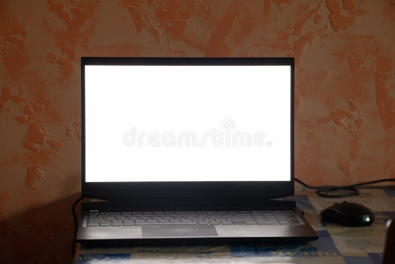 Laptop with White Screen Stands at Work Place on Table at Home, Laptop ...