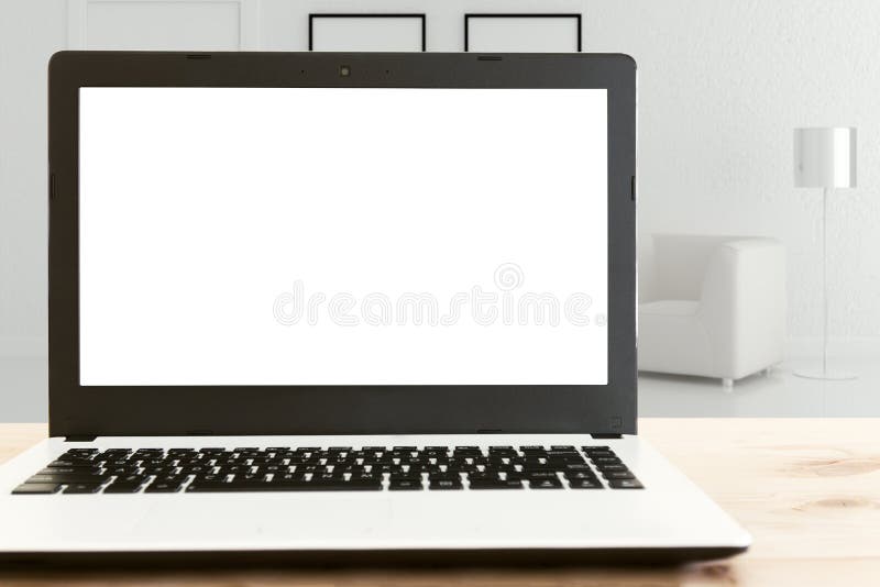 Laptop White Screen on Wood Stock Image - Image of space, workplace ...