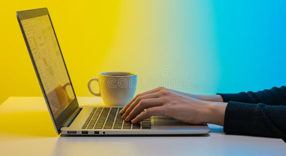 Laptop on a White Table with a User Typing, Against a Gradient Yellow ...