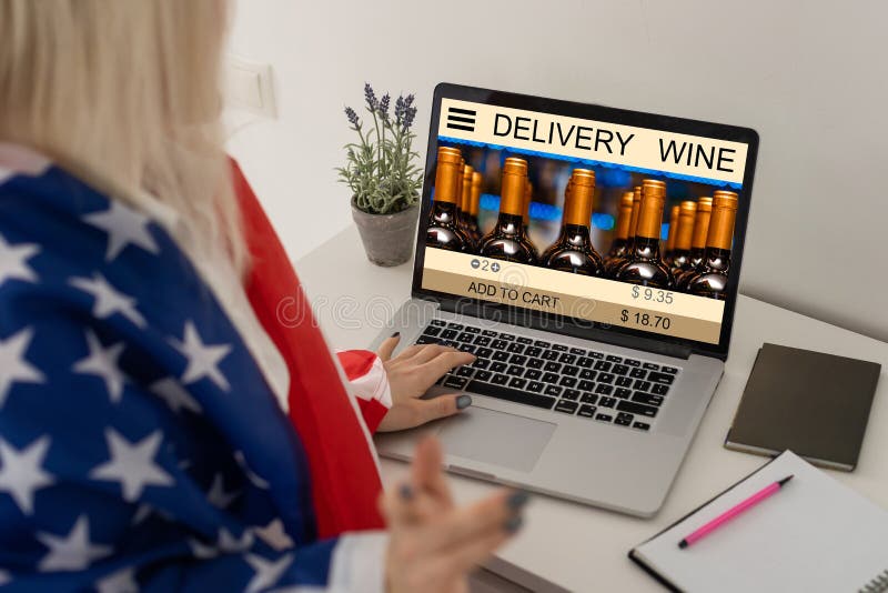 Laptop with Wine Delivery and Usa Flag Editorial Stock Image - Image of ...