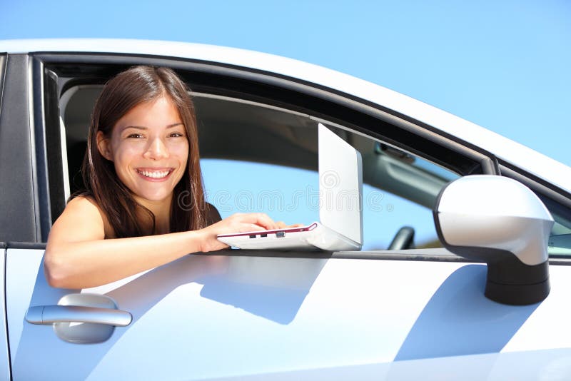Laptop woman in car stock image. Image of cars, adult - 19412797