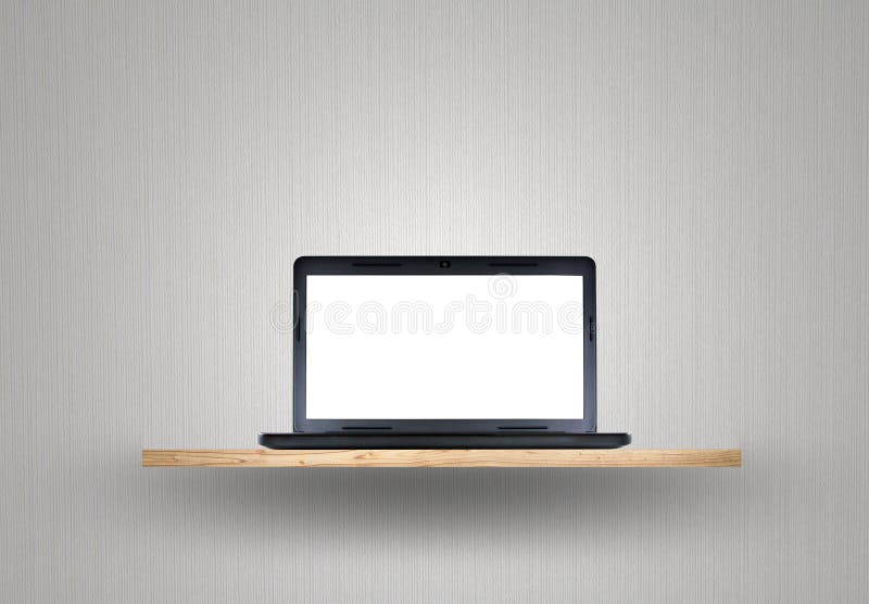 Laptop on wood shelf stock image. Image of information - 32095027