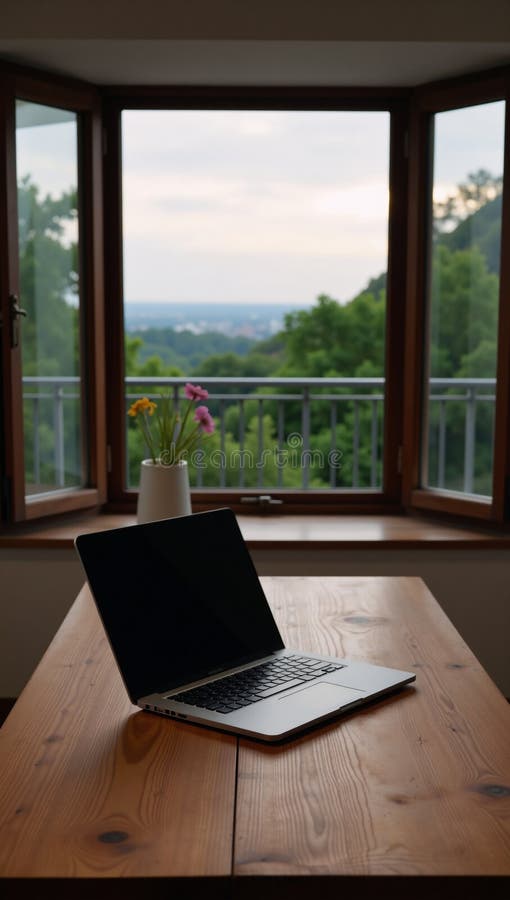 Laptop on Wood Table with Balcony Dusk View Stock Illustration ...