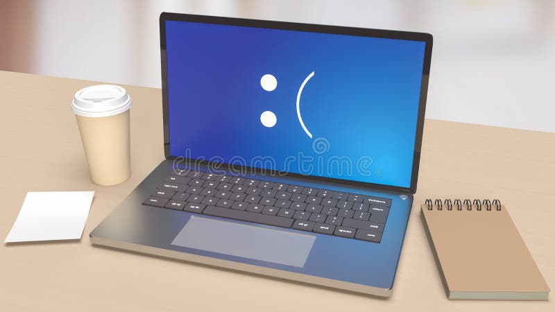The Laptop on Wood Table Showing Blue Screen Error 3d Rendering Stock ...