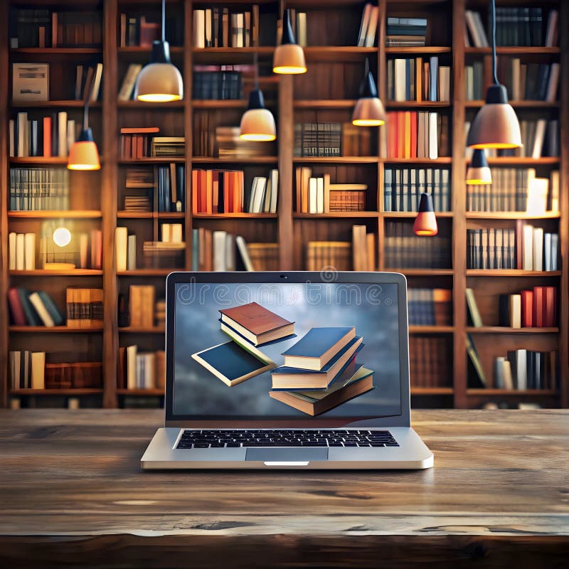 Laptop on Wooden Desk with Digital Books and a Library Backdrop Stock ...