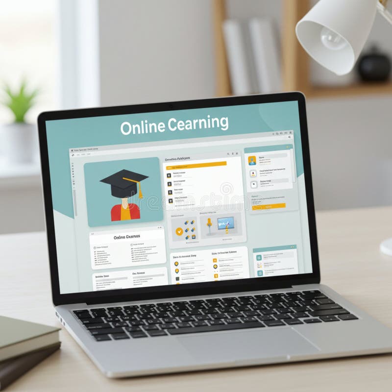 Laptop on a Wooden Desk Displaying an Educational Interface Labeled ...