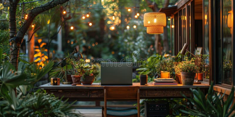 A Laptop on a Wooden Desk in a Garden Surrounded by Greenery Stock ...
