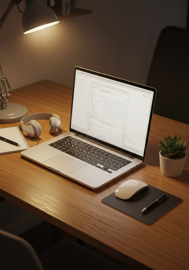 Laptop on Wooden Desk at Night Stock Illustration - Illustration of ...