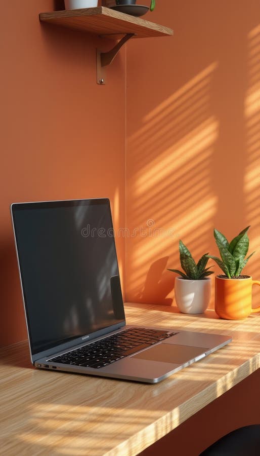 Laptop on Wooden Desk with Orange Wall Stock Photo - Image of shadows ...