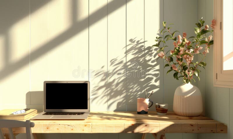 A Laptop on a Wooden Desk by a Window with Potted Plants Stock Image ...
