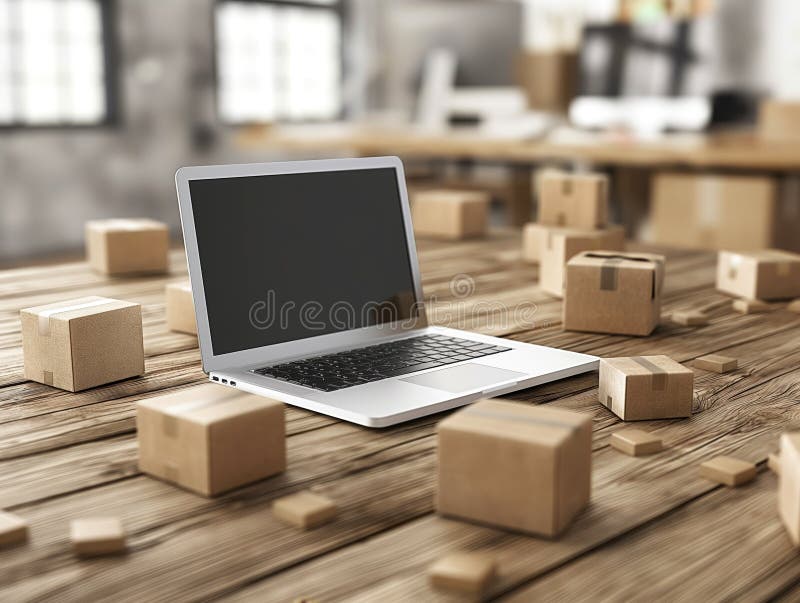 Laptop on Wooden Desk Surrounded by Small Cardboard Boxes Stock Photo ...