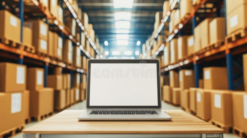 Laptop on Wooden Table with Blank Screen in a Bright Warehouse among ...