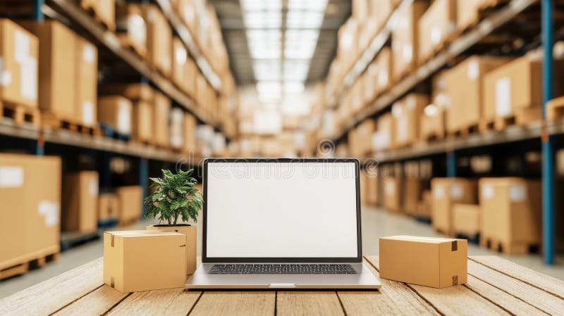 Laptop on Wooden Table in Bright Warehouse Surrounded by Labeled Boxes ...