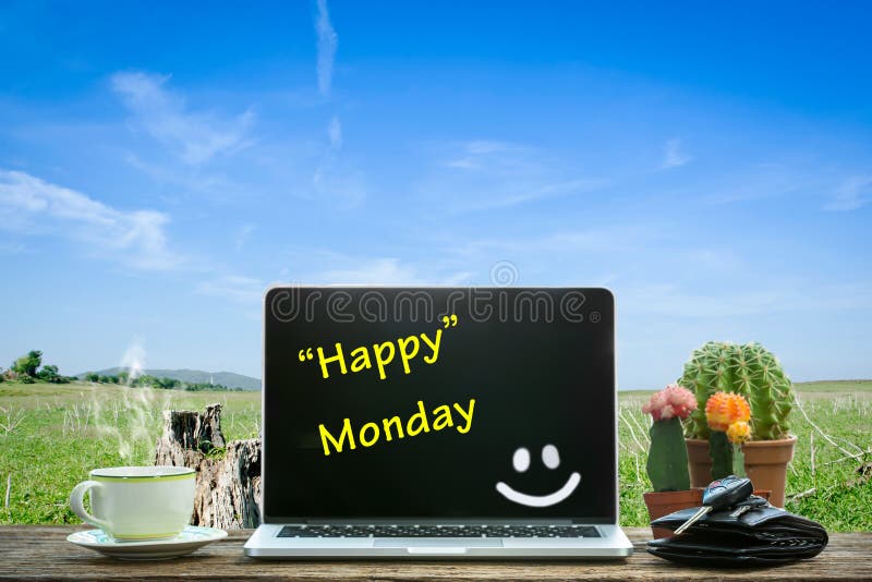 Laptop on Wooden Table, Happy Monday Stock Image - Image of wooden ...