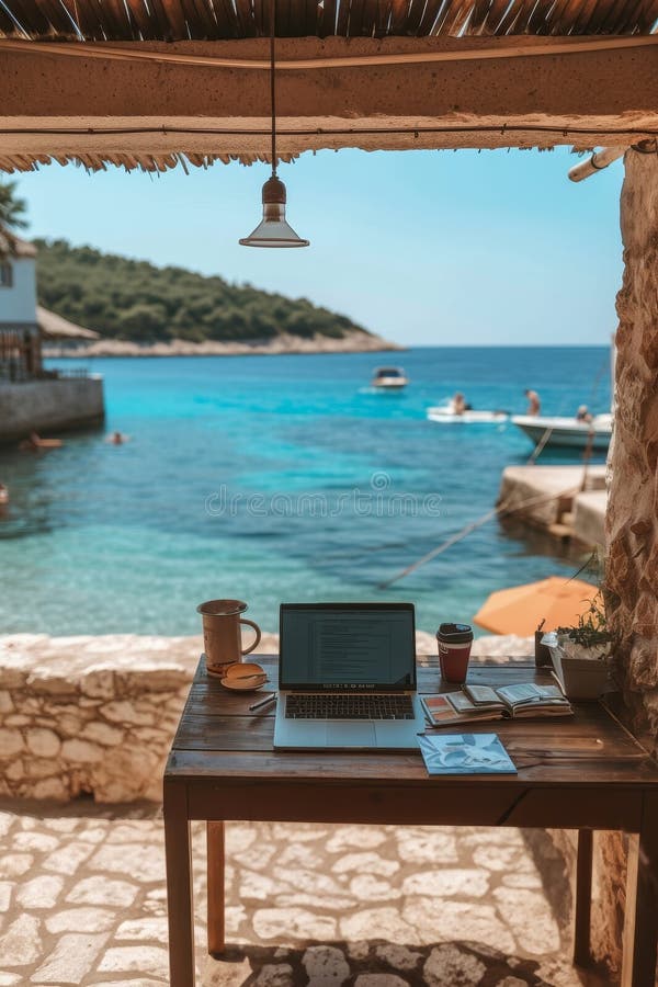 Laptop on a Wooden Table with a Scenic Sea View, Perfect for Remote ...