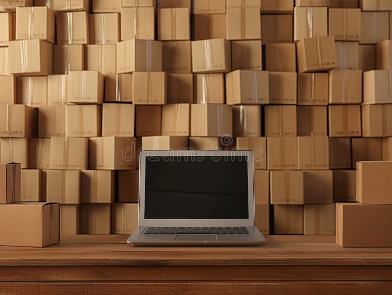 Laptop Wooden Table Stacked Cardboard Boxes Stock Photos - Free ...