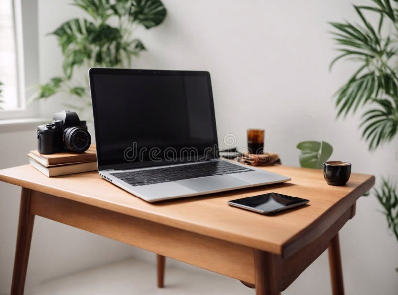 Laptop on a Wooden Table in a White Bright Room with a Minimum of ...