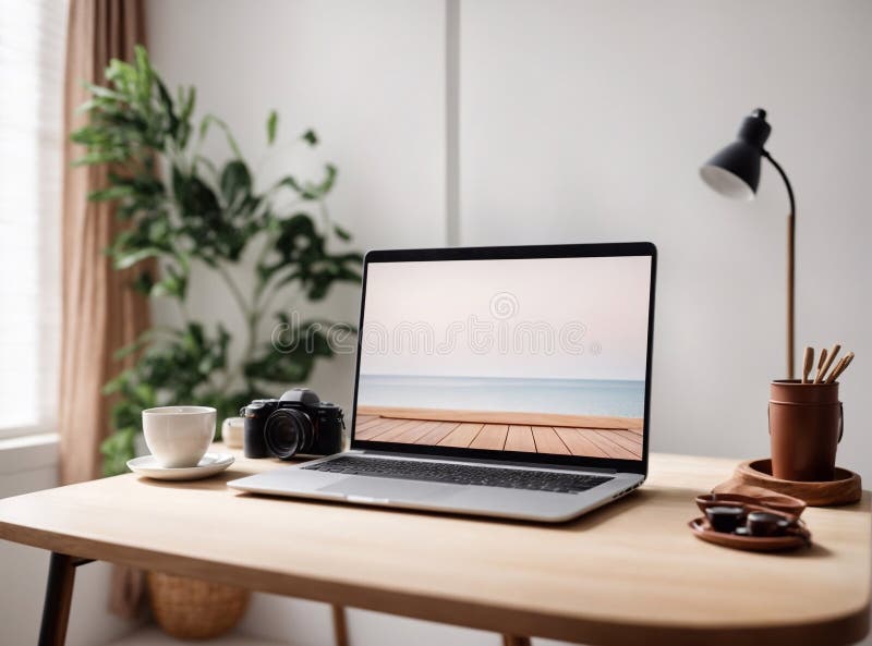 Laptop on a Wooden Table in a White Bright Room with a Minimum of ...
