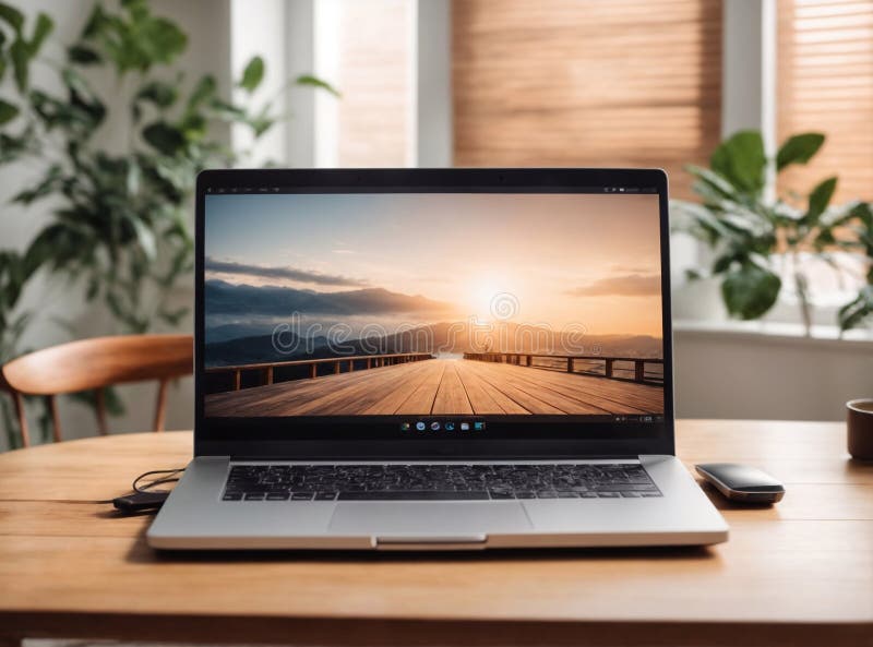 Laptop on a Wooden Table in a White Bright Room with a Minimum of ...