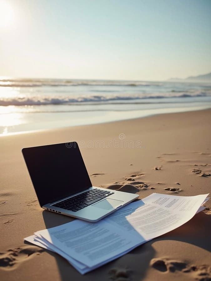 Laptop are Working on the Beach Stock Illustration - Illustration of ...