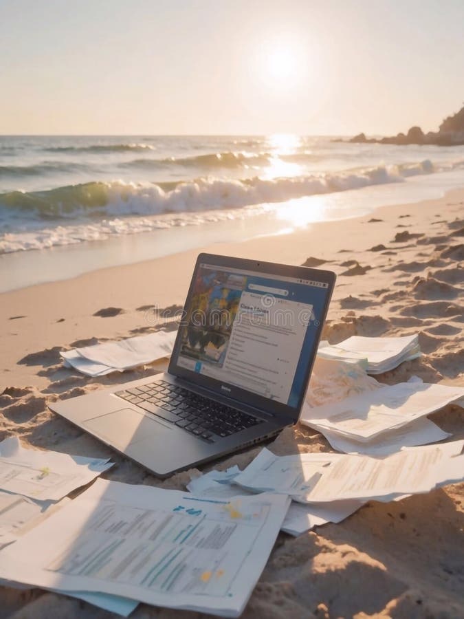 Laptop are Working on the Beach Stock Illustration - Illustration of ...