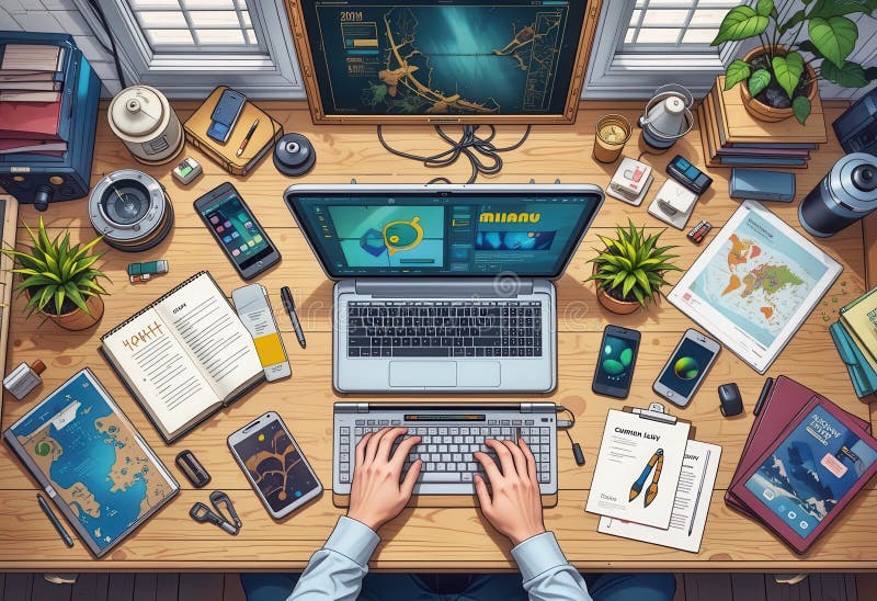 Laptop Workspace with Maps, Notes, and Gadgets for Creative and ...