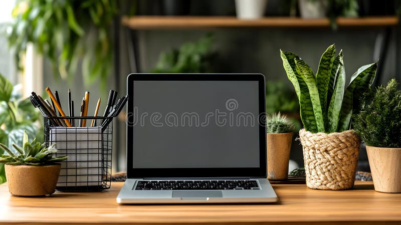 Laptop Workspace with Plants Illustration Stock Illustration ...