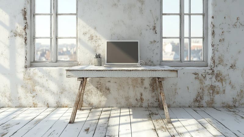 Laptop Workspace, Rustic Loft, City View, Sunlight Stock Illustration ...