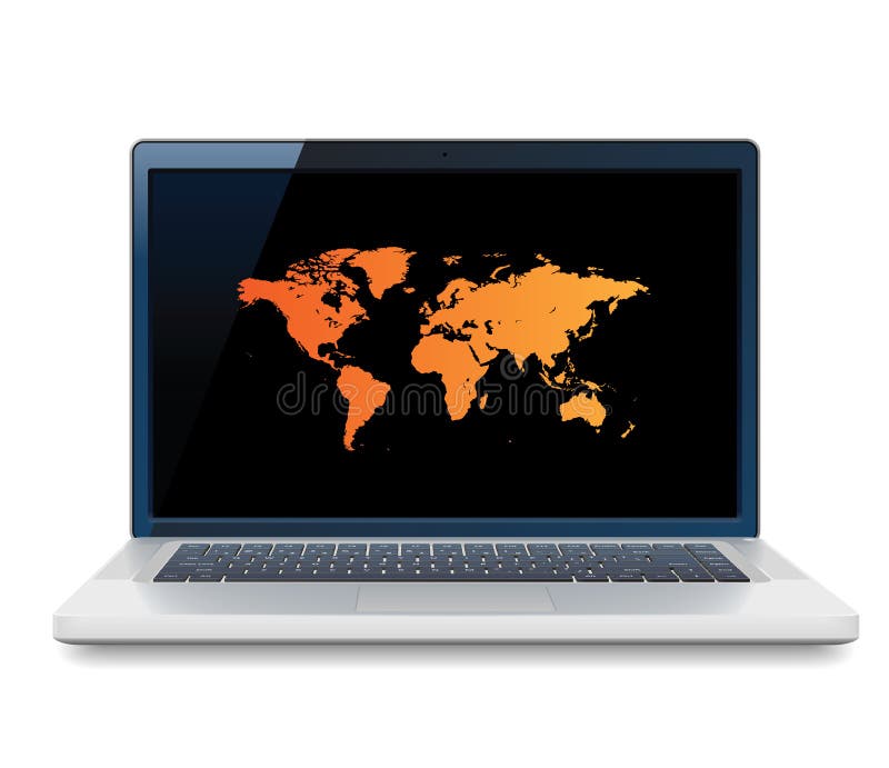 Laptop with World map stock vector. Illustration of silver - 14637335