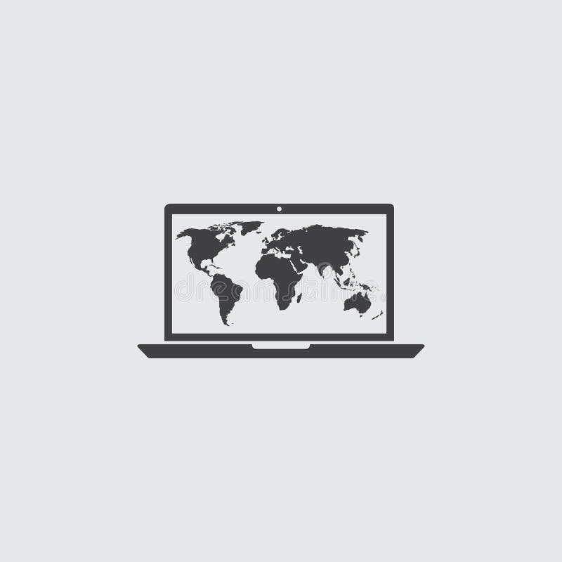Laptop with World Map Icon in a Flat Design in Black Color. Vector ...
