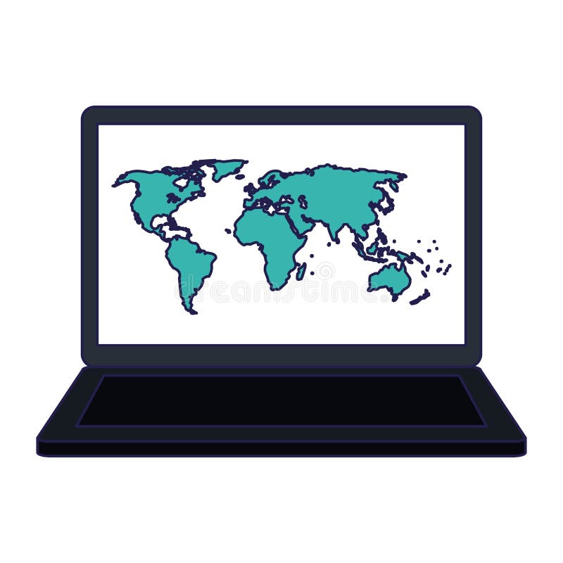 Laptop with World Map on Screen Stock Vector - Illustration of table ...