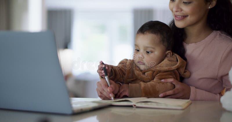 Laptop, Writing and Mom with Her Baby at Their Home with Paperwork and ...