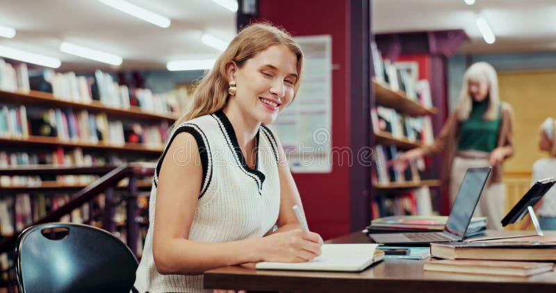 Laptop, Writing and Woman Student in Library To Study for Education ...