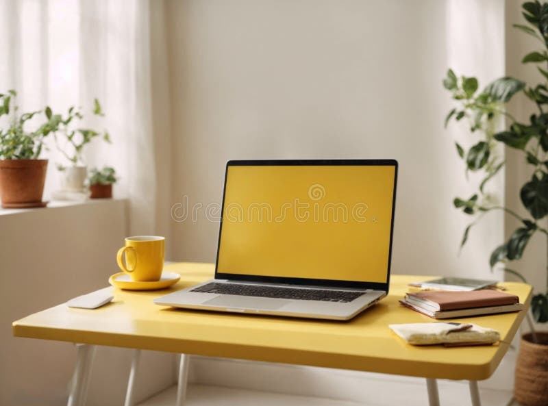 Laptop on a Yellow Table in a White Bright Room with a Minimum of ...