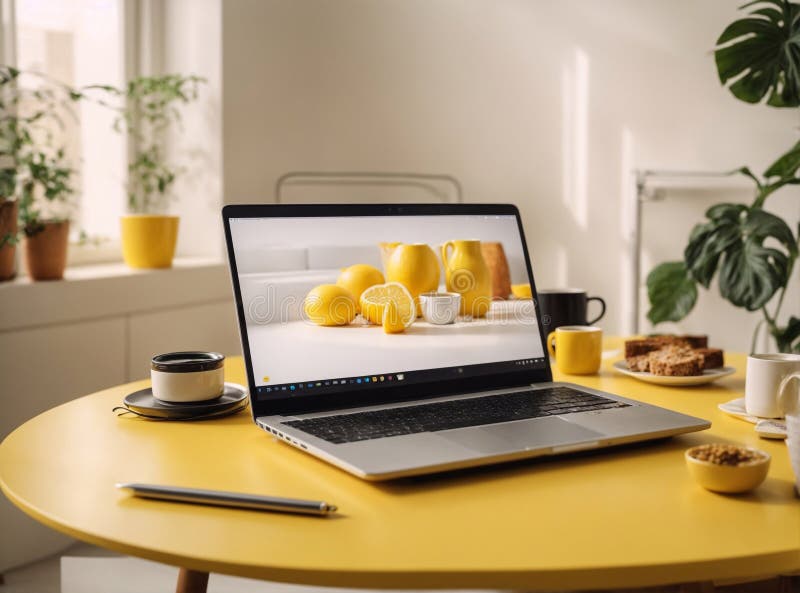 Laptop on a Yellow Table in a White Bright Room with a Minimum of ...