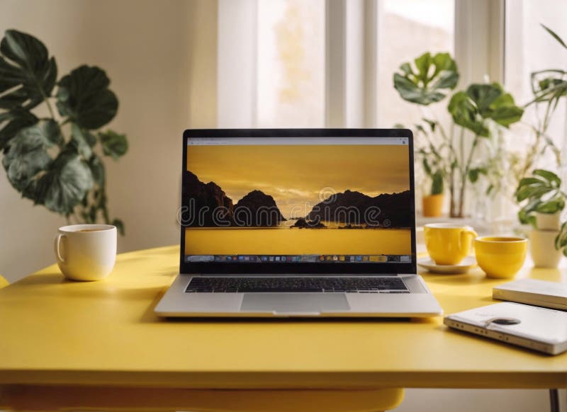 Laptop on a Yellow Table in a White Bright Room with a Minimum of ...
